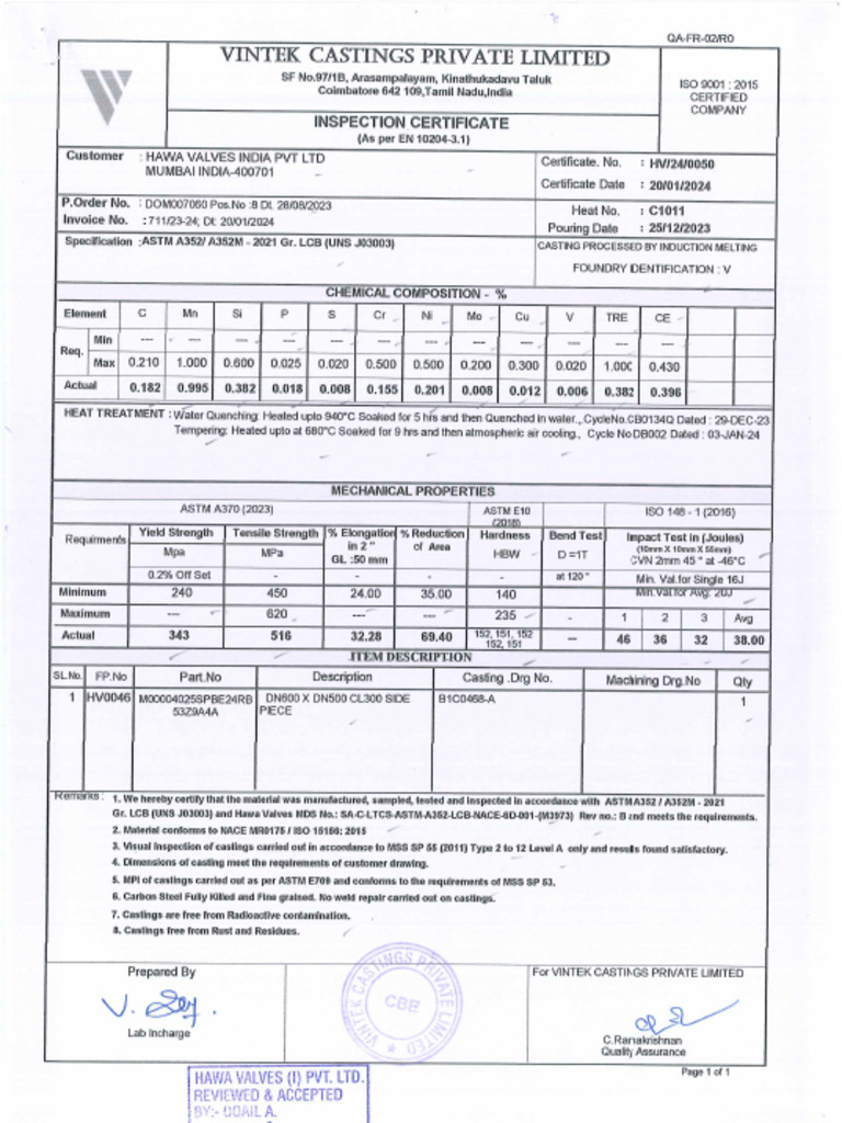 LCB - MTC - 0050 - Invoice No. 711 - Poi-554 Side Piece (R) | PDF