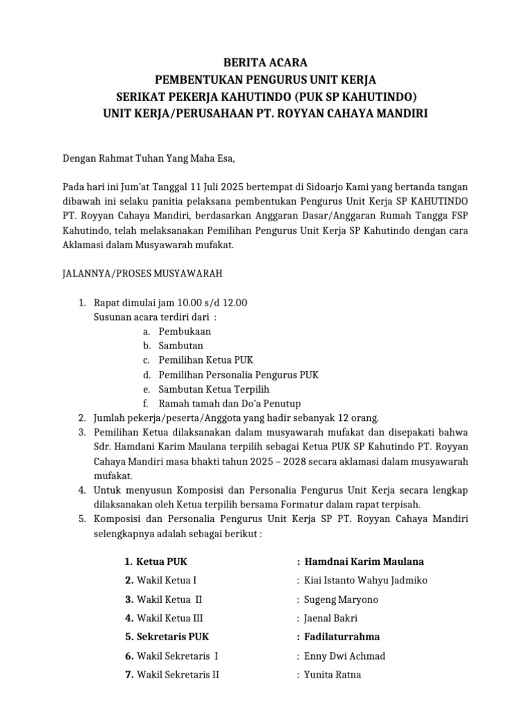 Berita Acara Pembentukan Pengurus Unit Kerja (1) | PDF