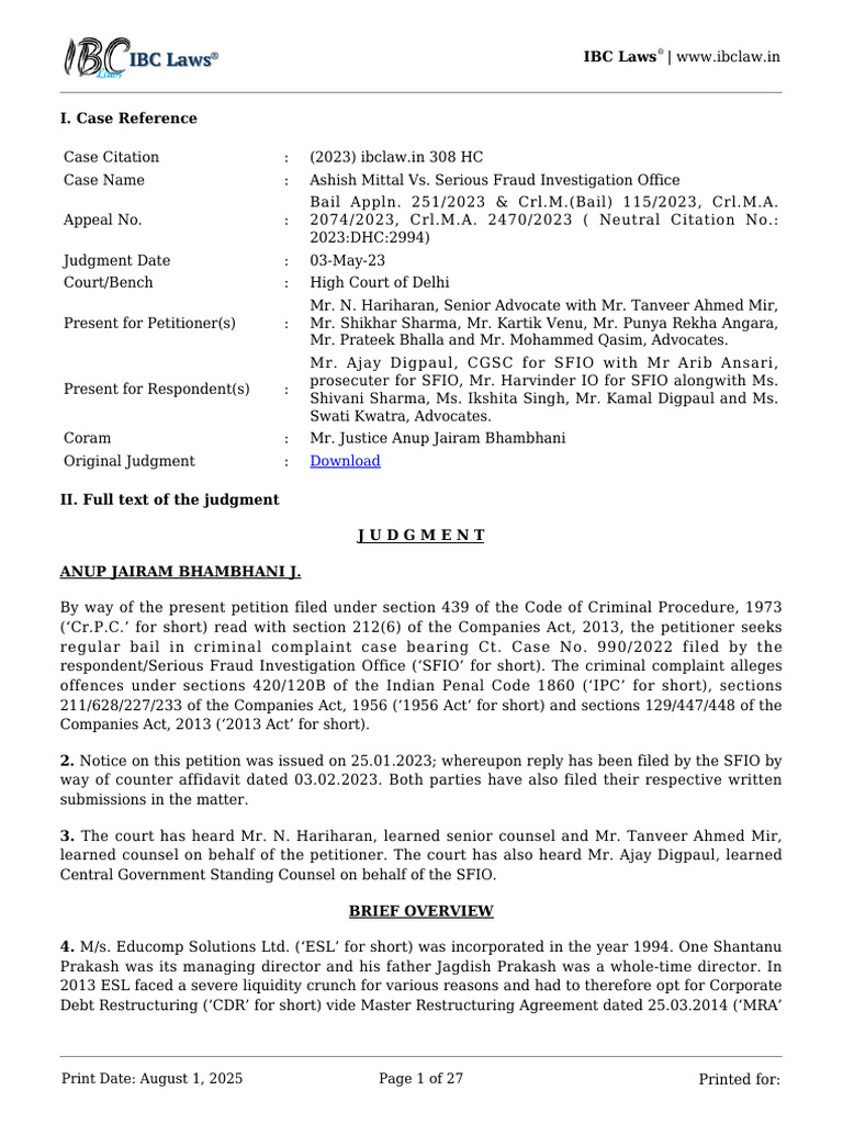 Ashish Mittal Vs Serious Fraud Investigation Office Delhi High Court | PDF | Bail | Cheque