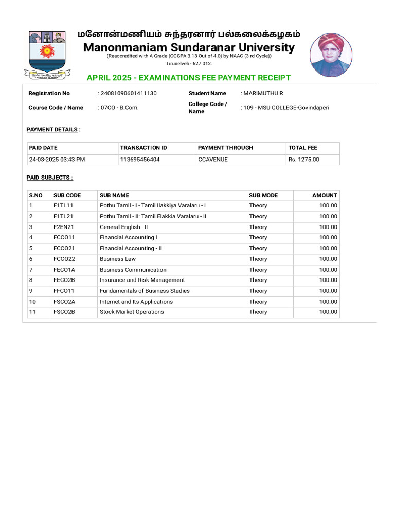 MSU Exam Fee Payment Receipt 2025 | PDF