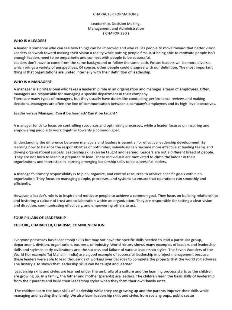 Character Formation 2 Notes | PDF | Leadership | Skill