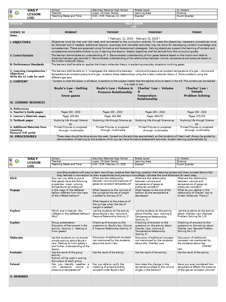 Grade 10 Science Lesson Plan: Gas Laws | PDF | Gases | Learning