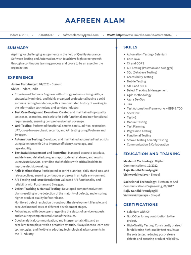 Manual Testing Analyst Profile: Afreen Alam | PDF | Software Testing ...