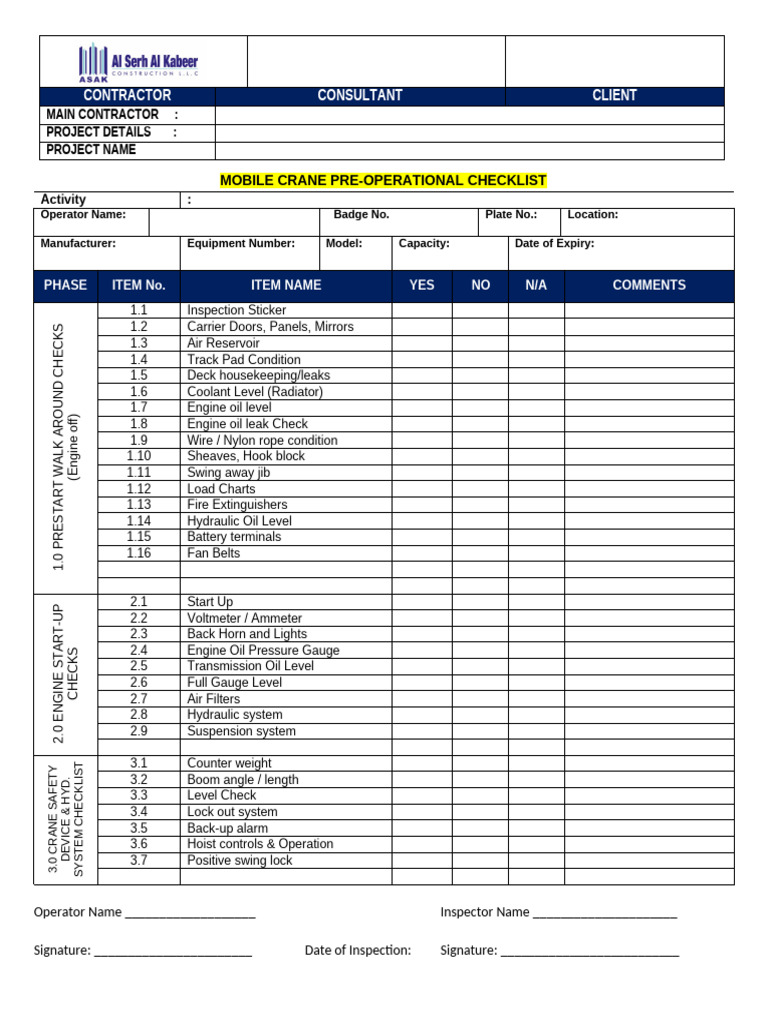 Mobile Crane Pre-operational Checklist | PDF | Crane (Machine ...