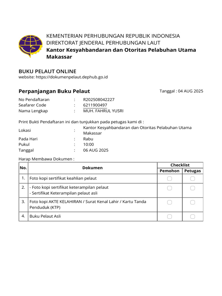 Preview Surat Permohonan Buku Pelaut | PDF