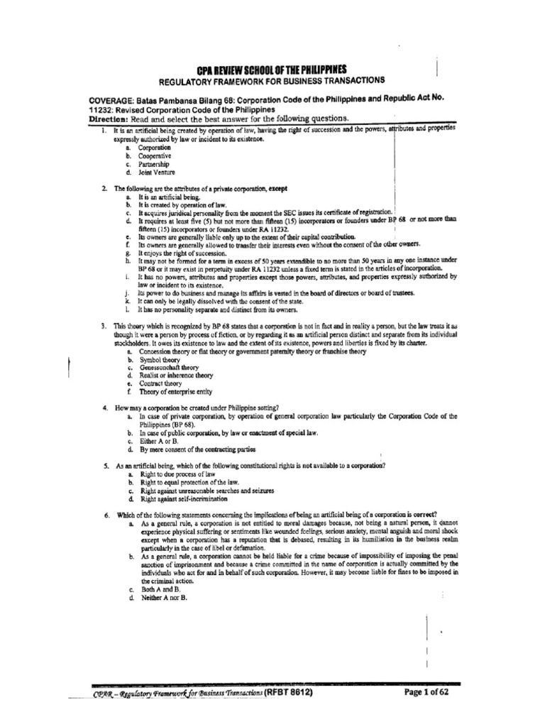 CPAR Revised Corporation Code MCQ 1 | PDF