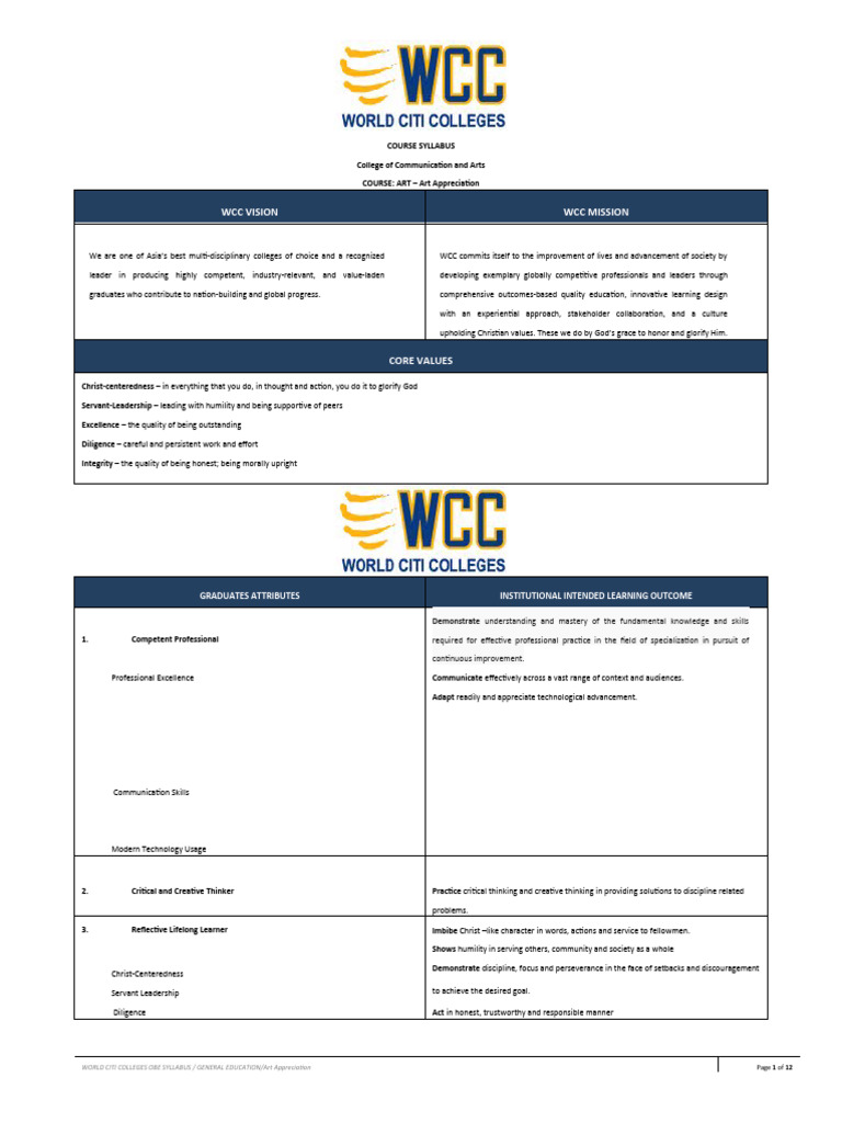 Art Appreciation Course Syllabus | PDF | Knowledge | Visual Arts Education