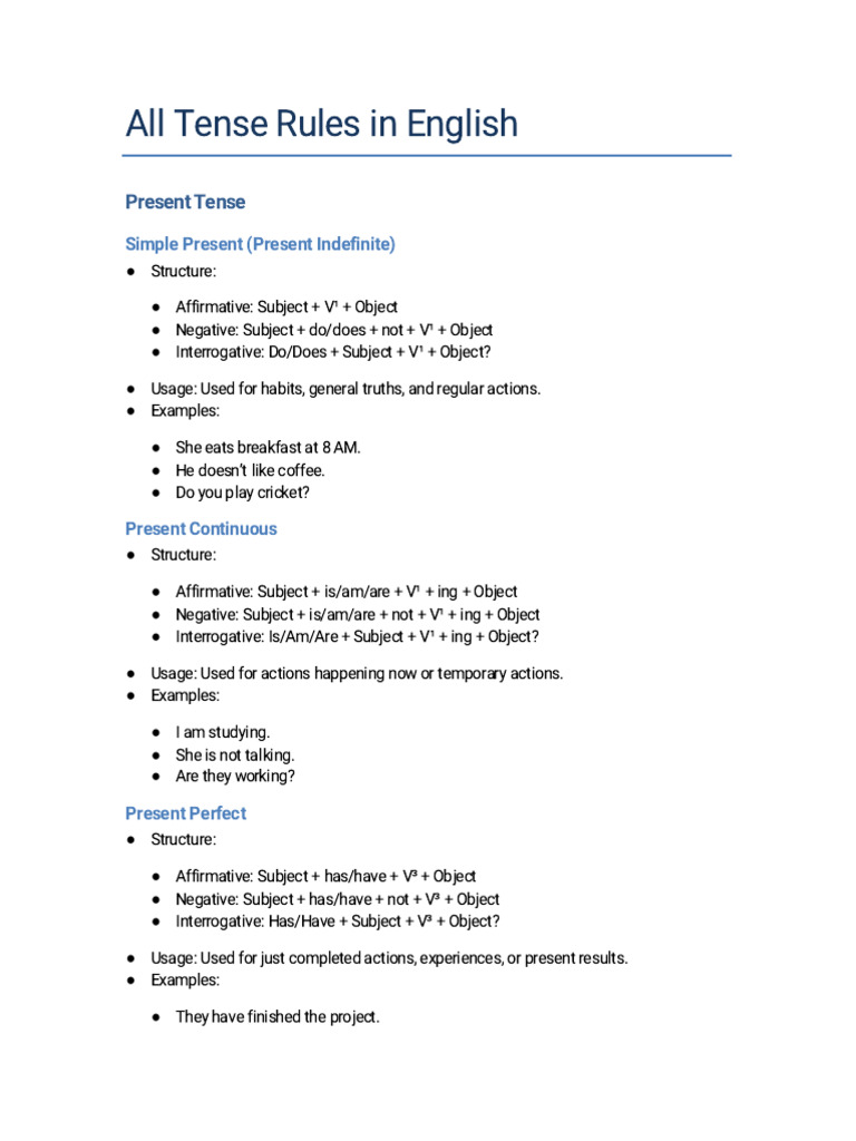 Comprehensive English Tense Rules | PDF | Perfect (Grammar ...