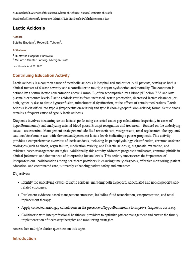 Lactic Acidosis - StatPearls | PDF | Shock (Circulatory) | Sepsis