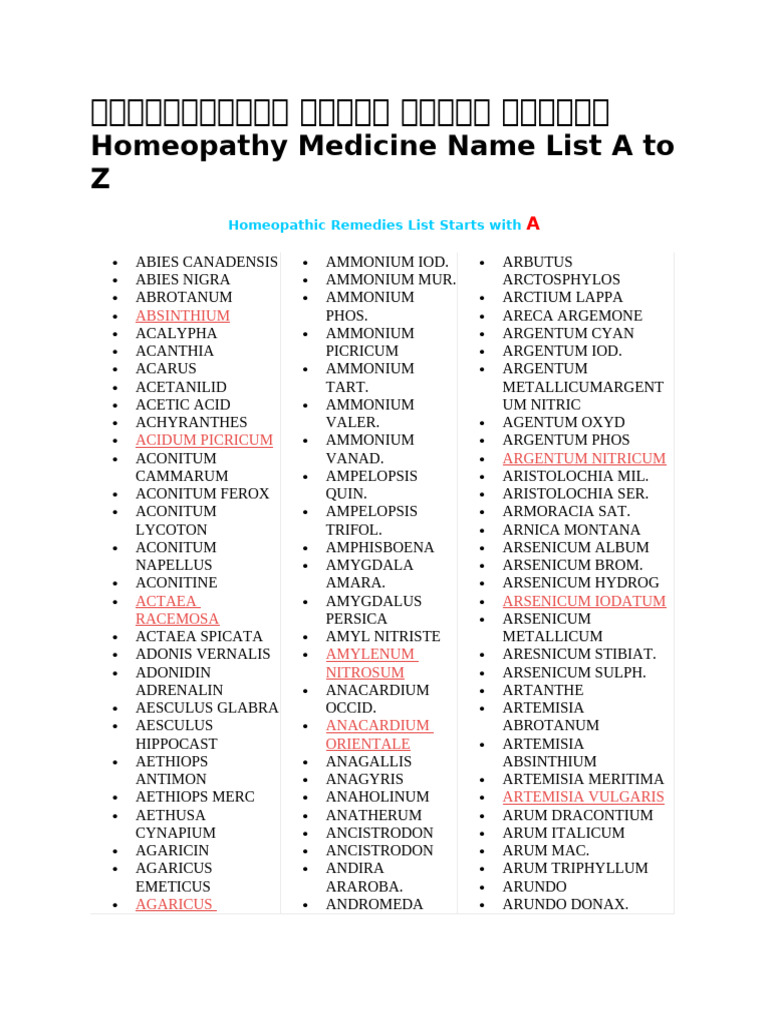 Homeopathy Medicine Name List A To Z | PDF