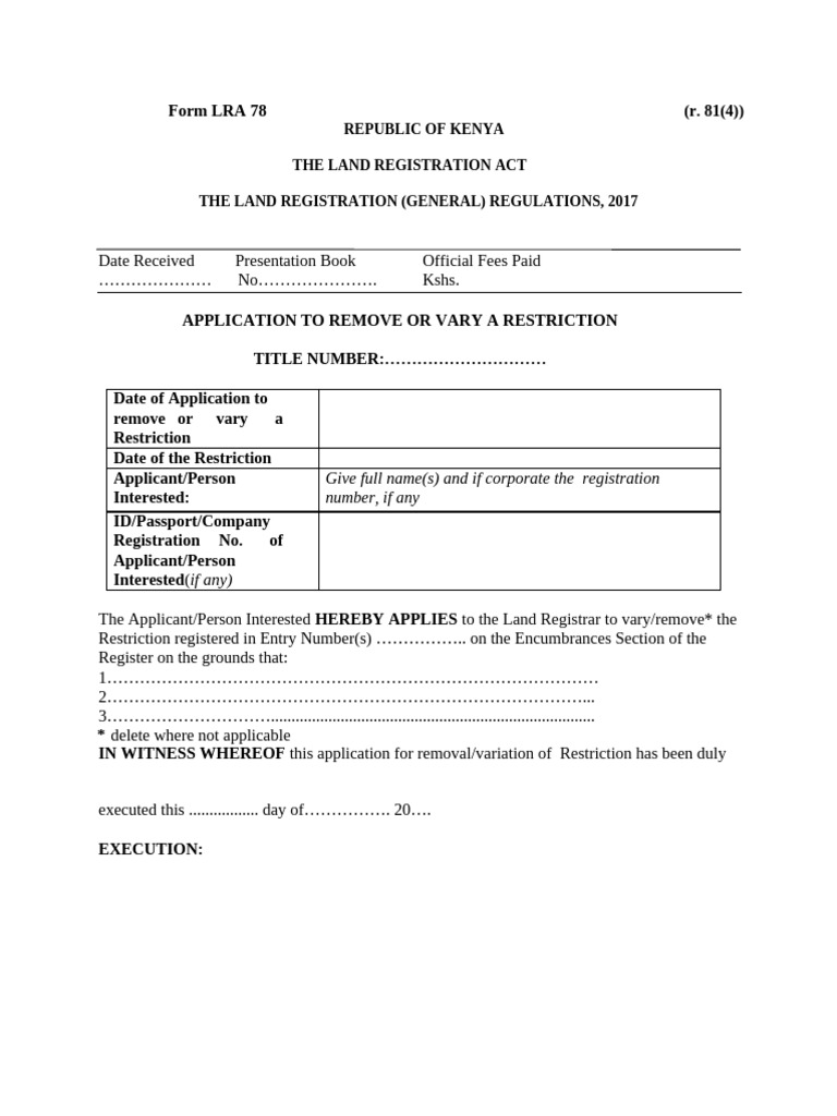 Form Lra 78 Application to Remove or Vary a Restriction | PDF