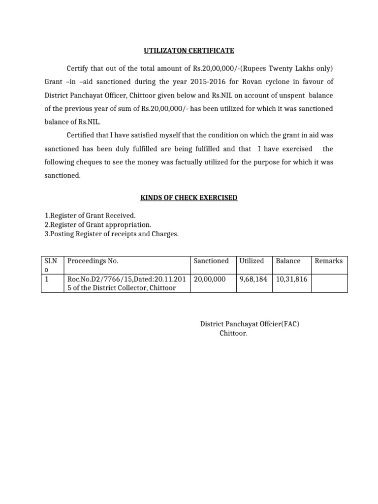 Utilization Certificate for Grant Aid | PDF