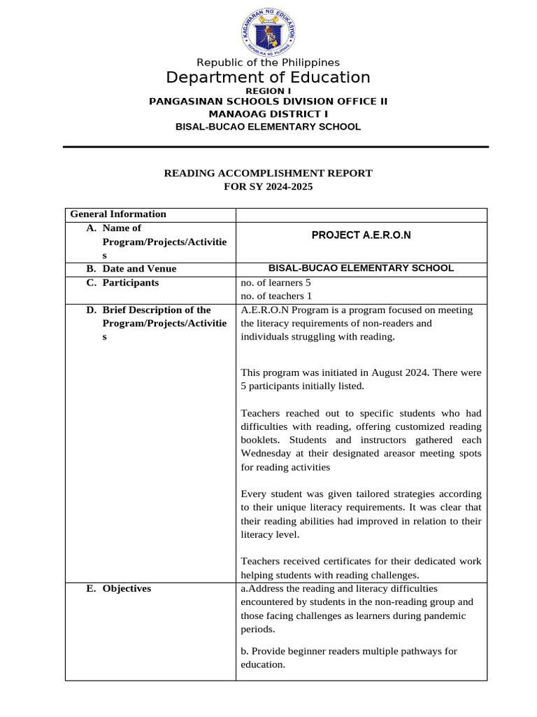Reading Accomplishment Report Sample | PDF | Literacy | Education Theory