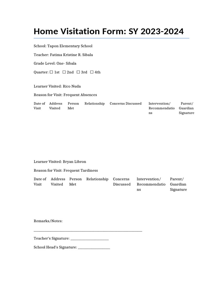 Home Visitation Form 2023-2024 | PDF
