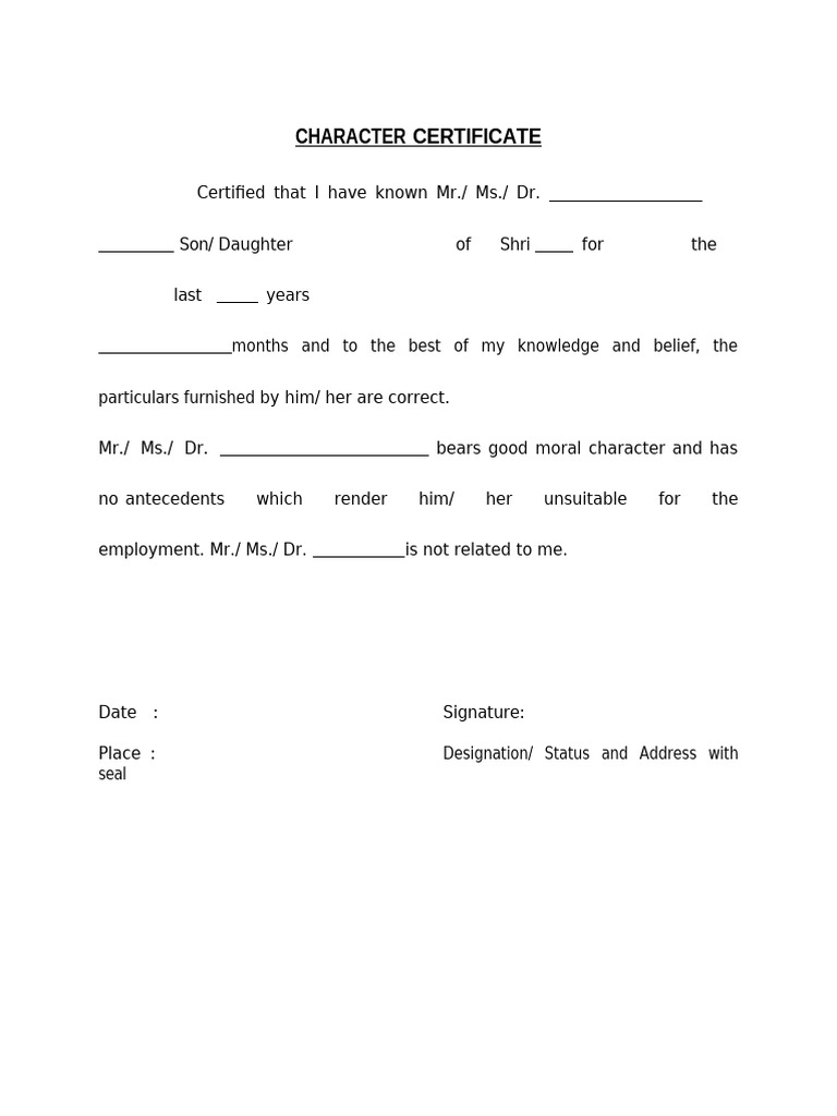 Character Certificate Template | PDF