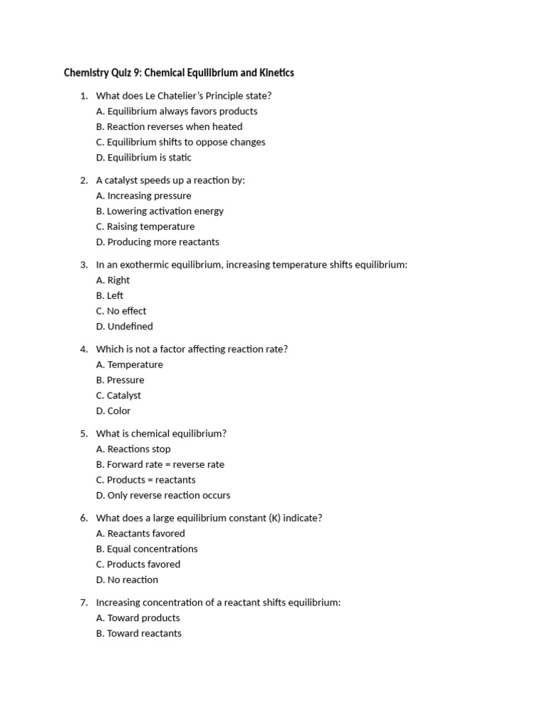 Chemistry Quiz: Equilibrium & Kinetics | PDF