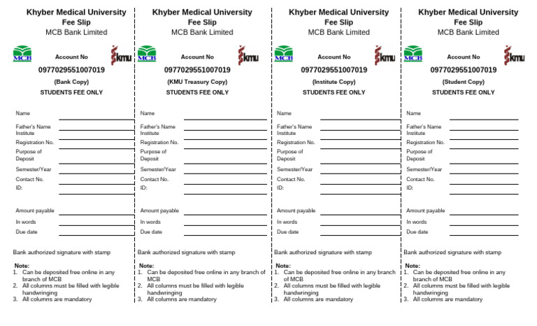 KMU MCB Fee Deposit Slip Template | PDF