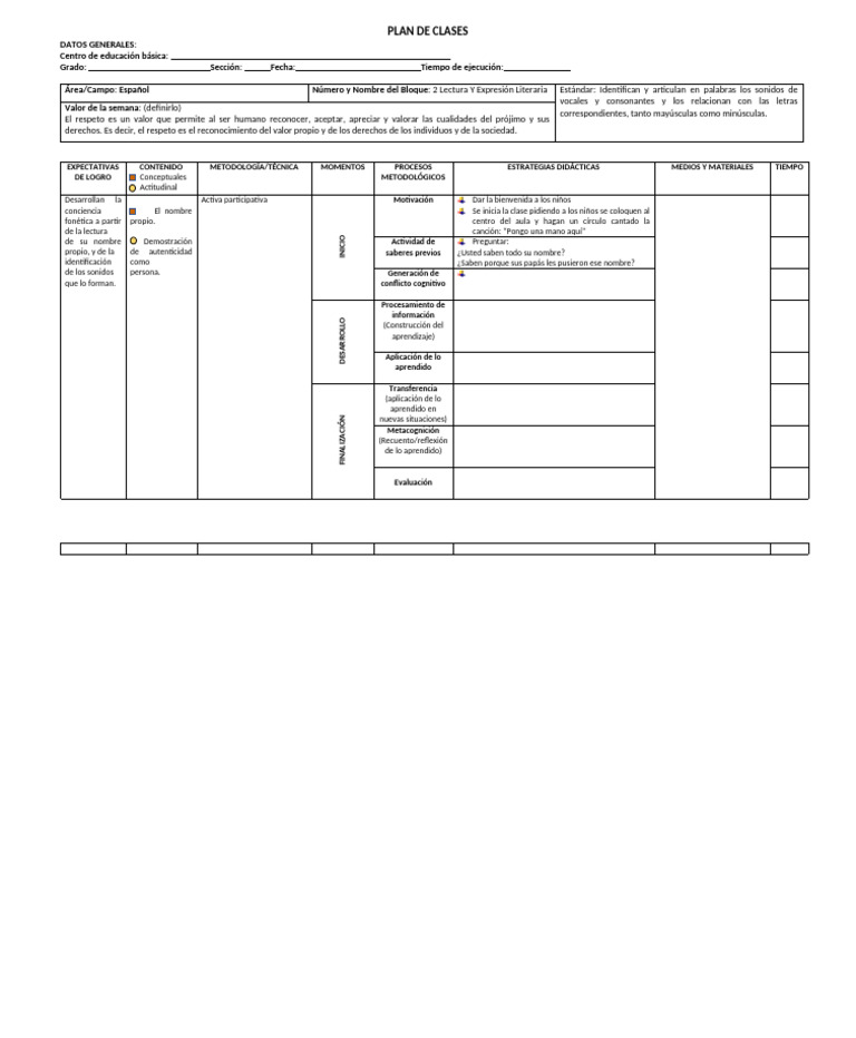 Formato Plan de Clases | PDF | Evaluación | Metacognición