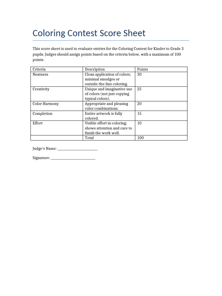 Coloring Contest Score Sheet | PDF