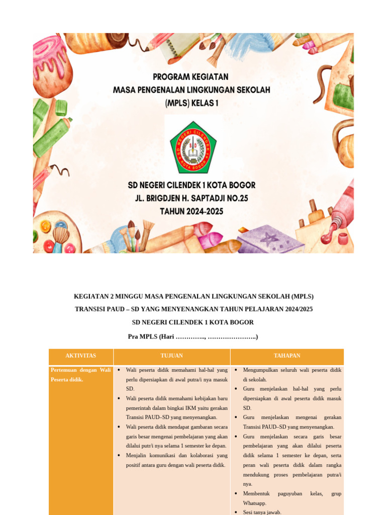 Program Mpls Kelas 1 2024-2025 Kelas 1b | PDF