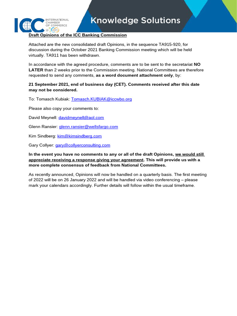 ICC Banking Commission Draft Opinions | PDF | Letter Of Credit | Money