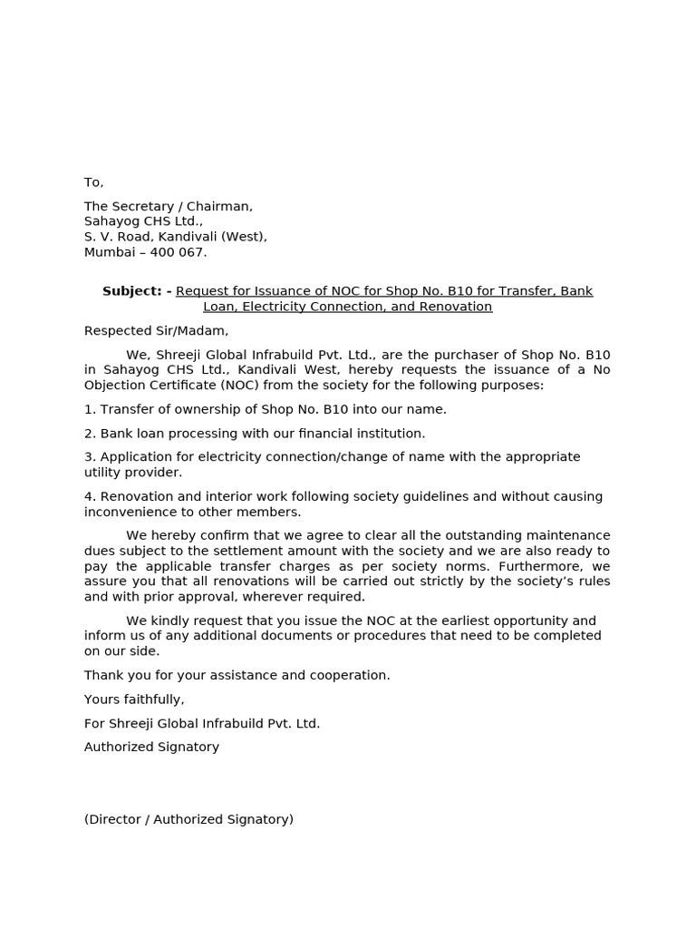 Letter To Society For NOC | PDF