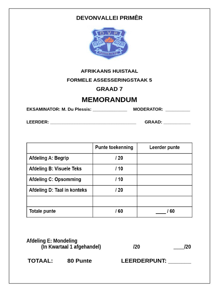 Graad 7 Ht Fat5 k2 2024 Memo | PDF