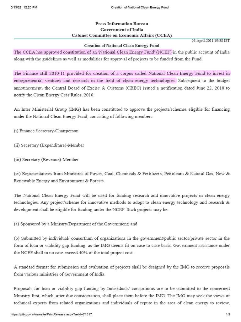 Creation of National Clean Energy Fund | PDF | Sustainable Energy ...