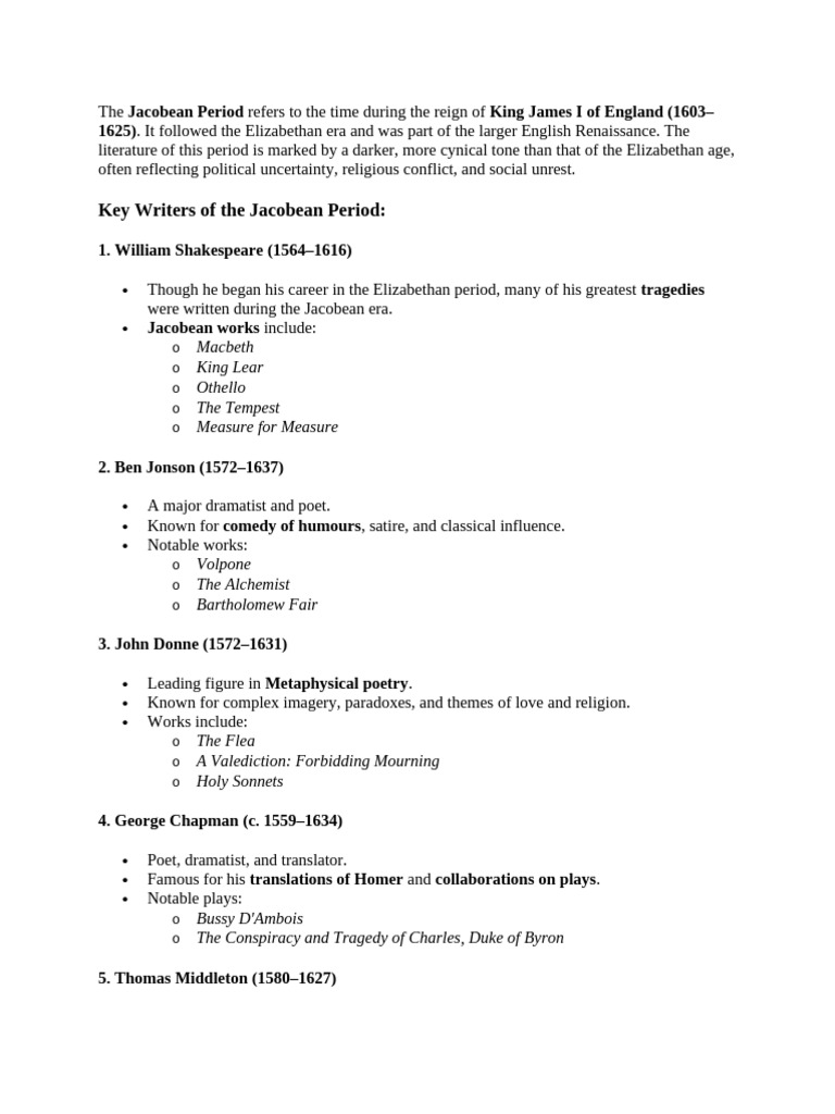 Key Writers of the Jacobean Period | PDF | Thomas Middleton | English ...