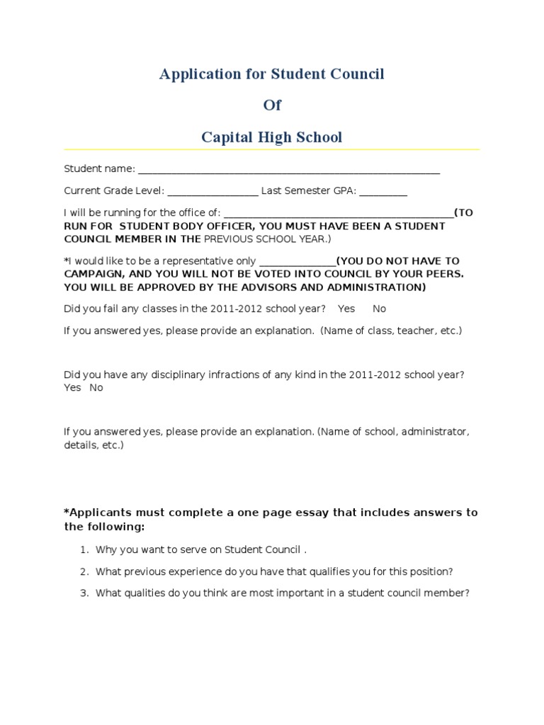 Capital High School Student Council Application | PDF | Students | Academia