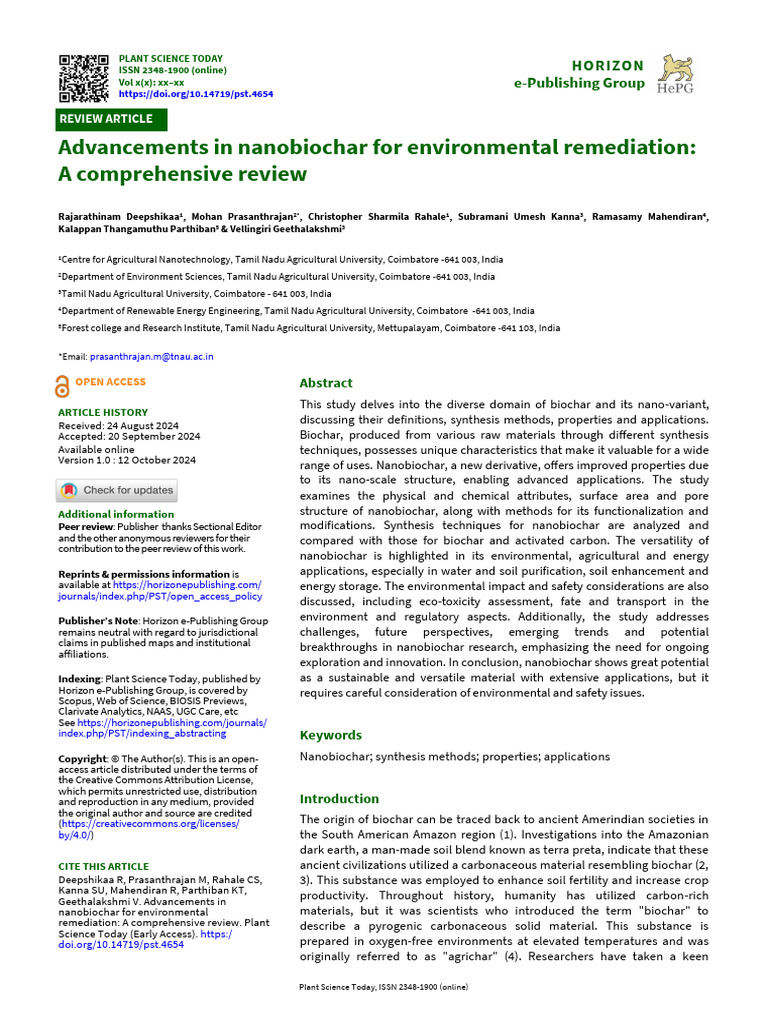 Advancements in Nanobiochar for Environmental Reme | PDF | Pyrolysis | Nanoparticle