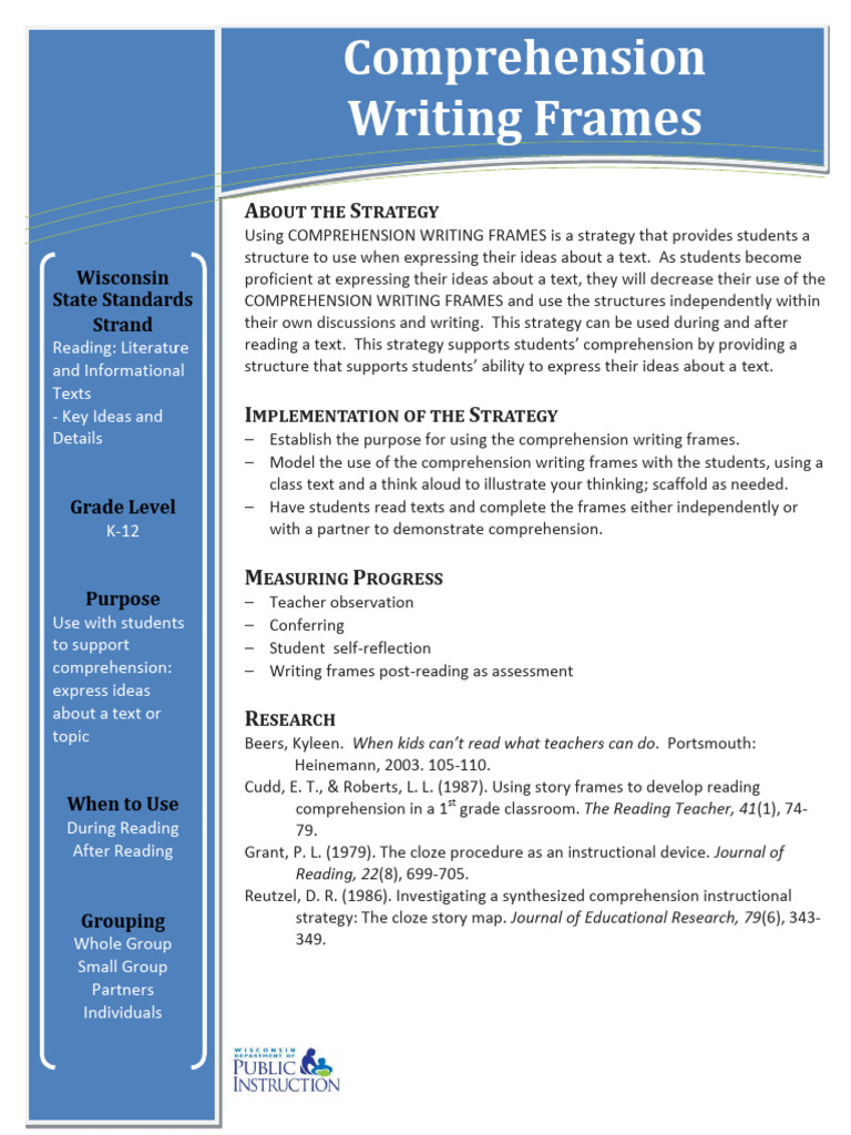 RL - Kid Comprehension Writing Frames | PDF | Reading Comprehension | Learning Methods