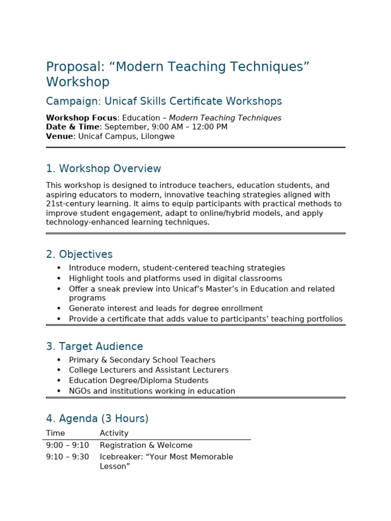 Modern Teaching Workshop Proposal | PDF | Teachers | Learning