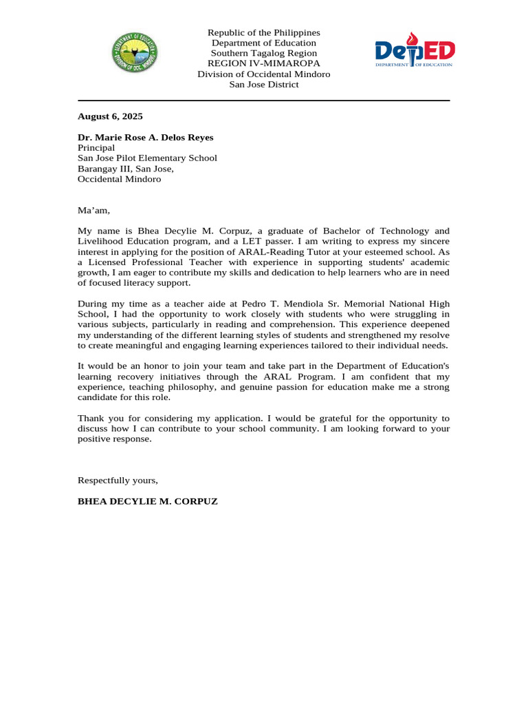 Application for ARAL-Reading Tutor Position | PDF