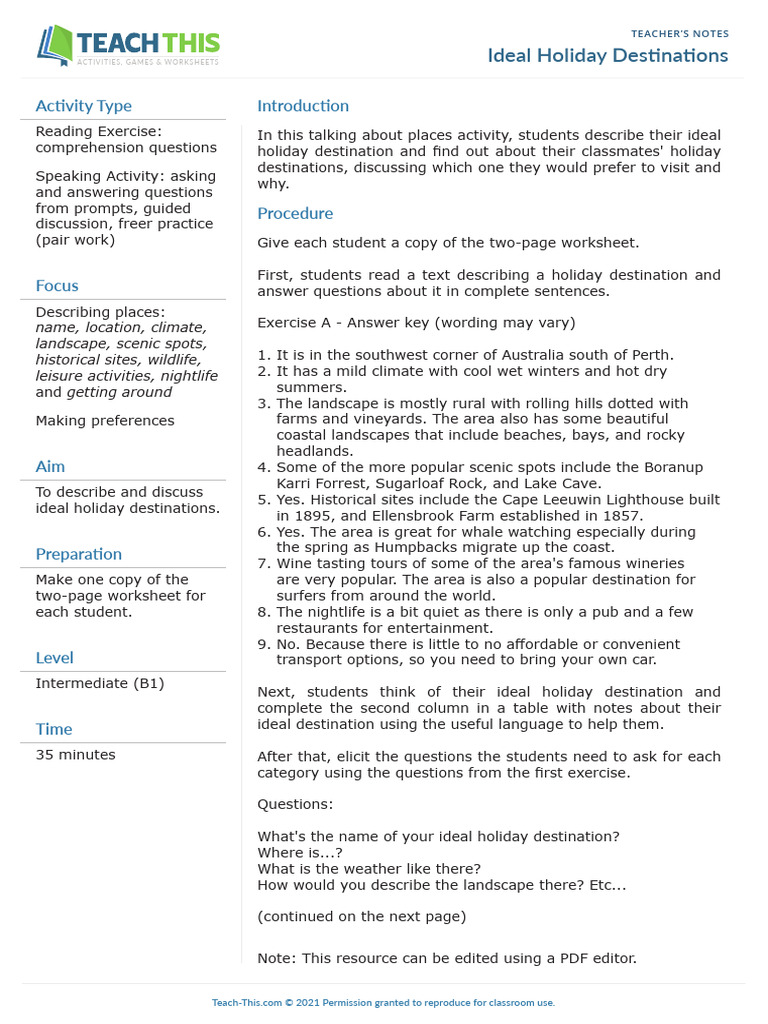 Ideal Holiday Destinations Activity Guide | PDF