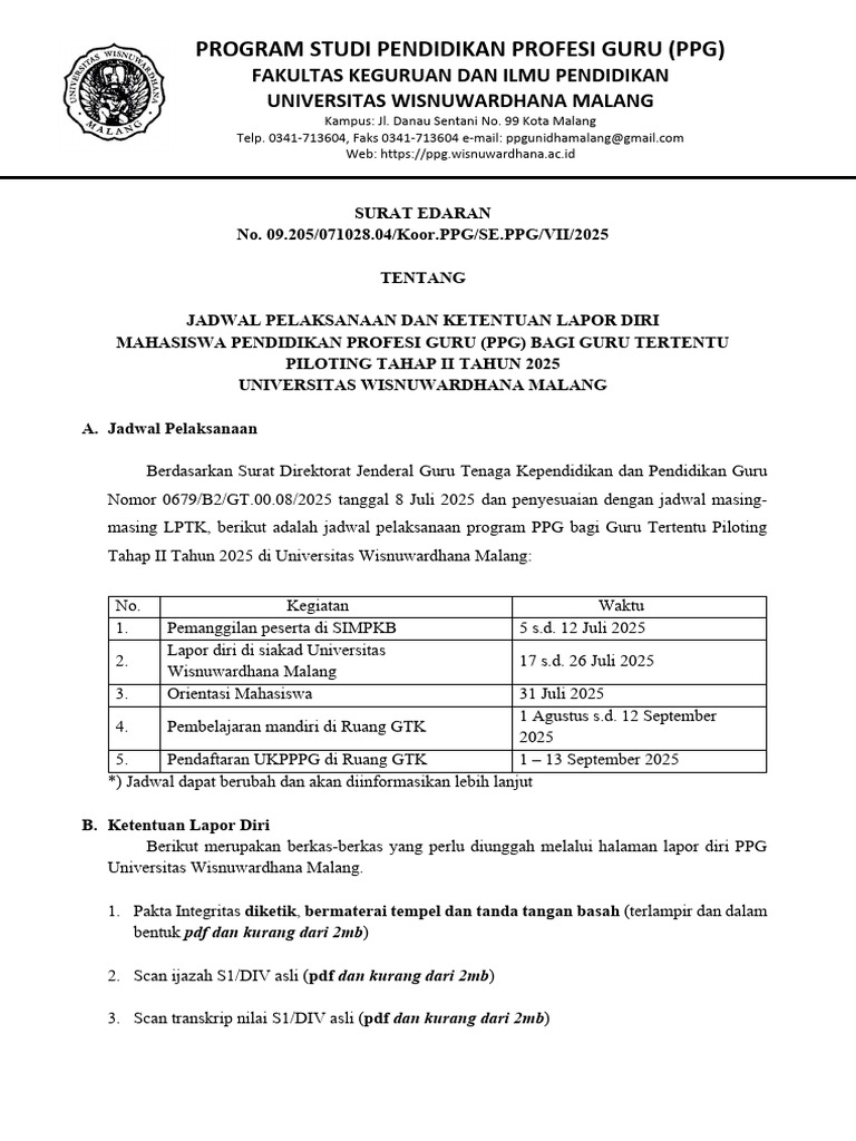 Surat Edaran Lapor Diri Piloting 2 2025 | PDF