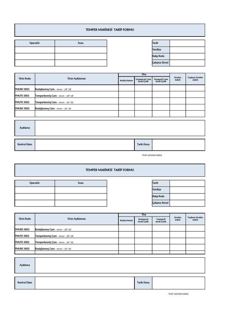 Temper Makinesi Takip TMF-202503-001 | PDF