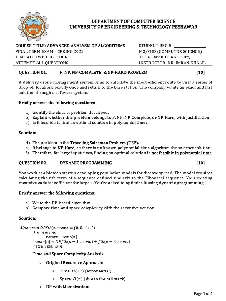Advanced Analysis of Algorithms - Solution | PDF | Time Complexity ...