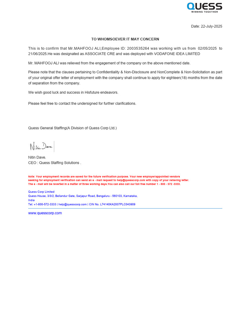 Quess Corp Relieving Letter for Mahfooj Ali | PDF