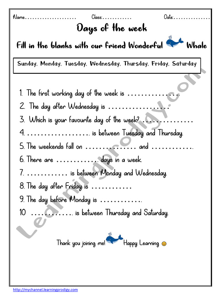 Days of the Week Fill-in-the-Blank Quiz | PDF