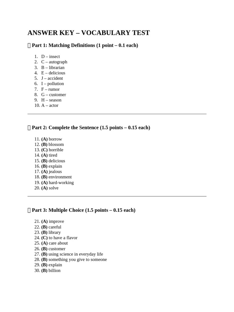 Vocabulary Test Answer Key | PDF
