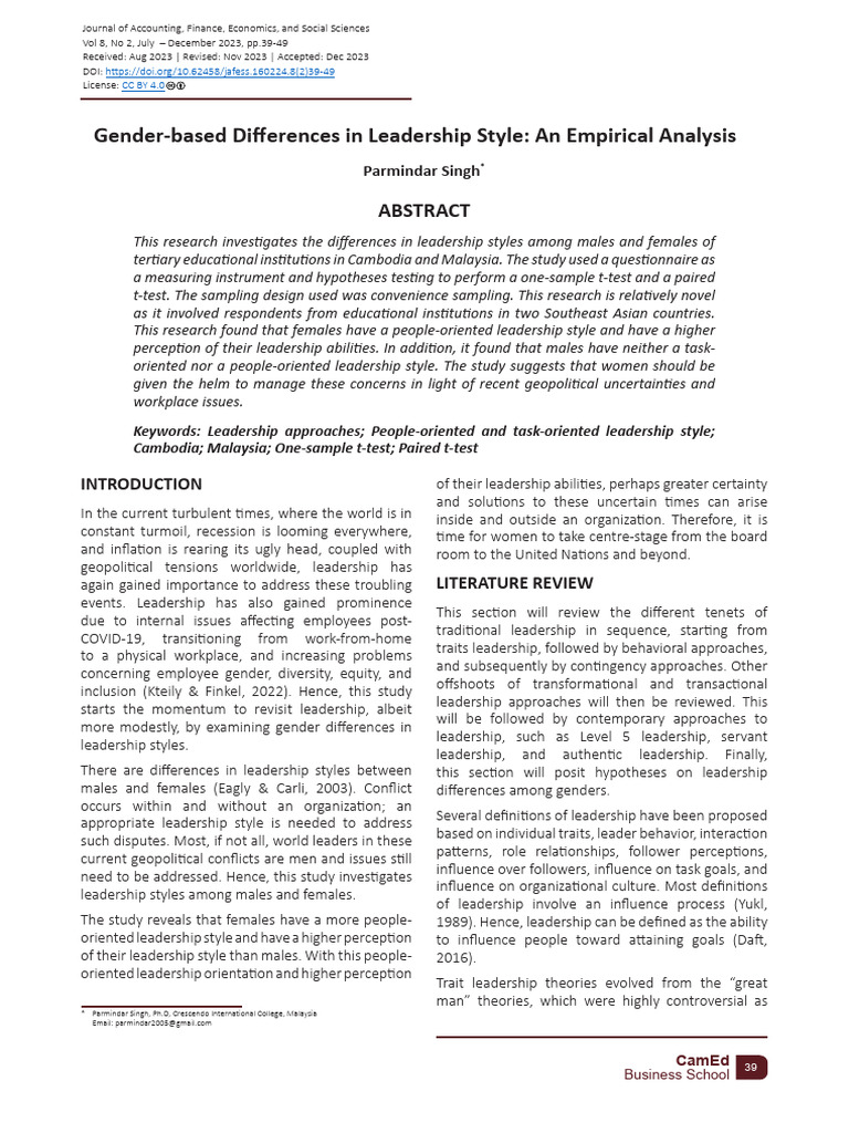 Gender Differences in Leadership Styles | PDF | Leadership | Student's ...