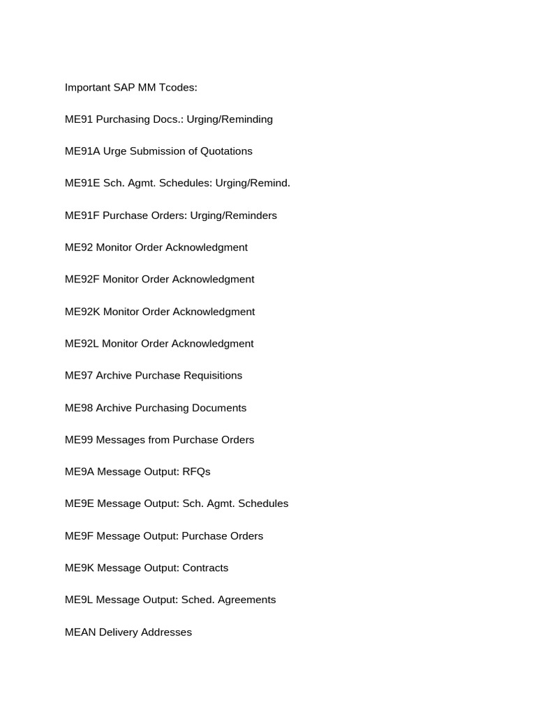 Essential SAP MM Tcodes Overview | PDF | Computing | Business