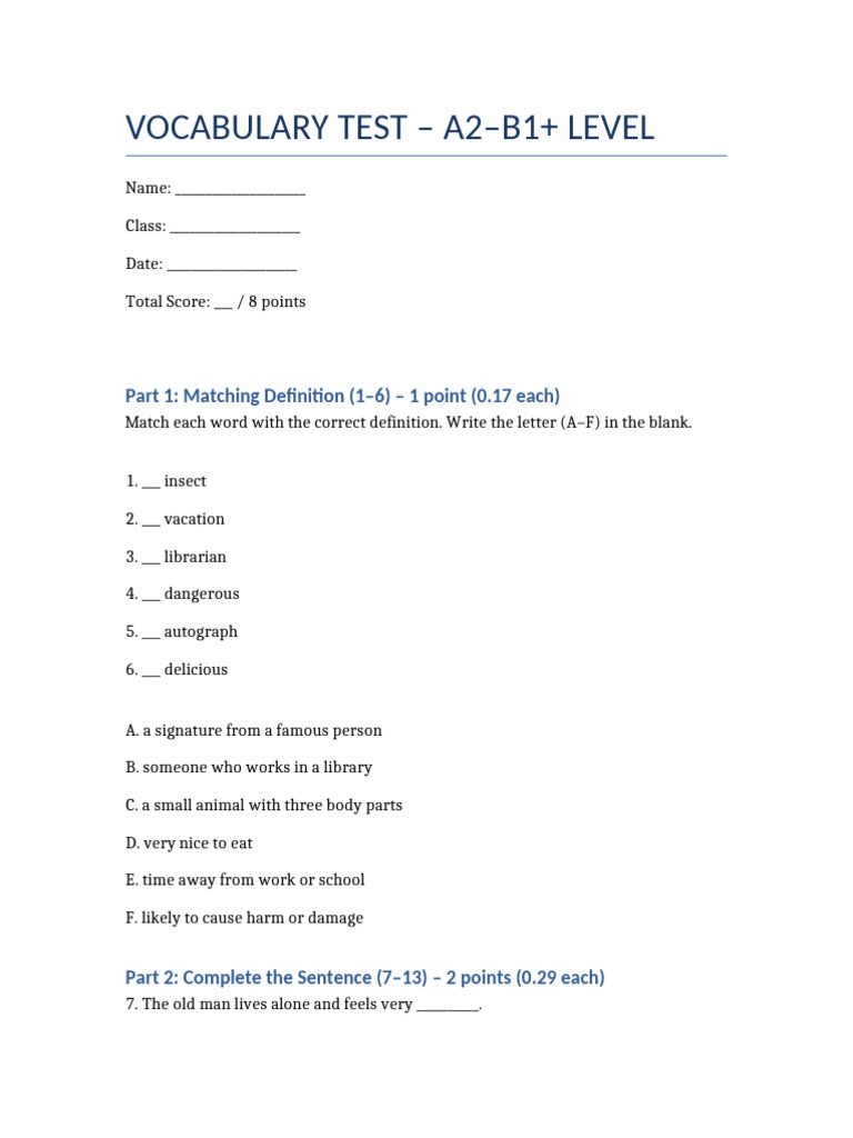 A2-B1 Vocabulary Test PDF | PDF