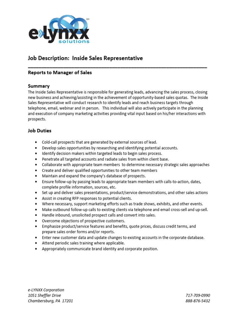 Inside Sales Representative Job Description | PDF | Sales | Databases