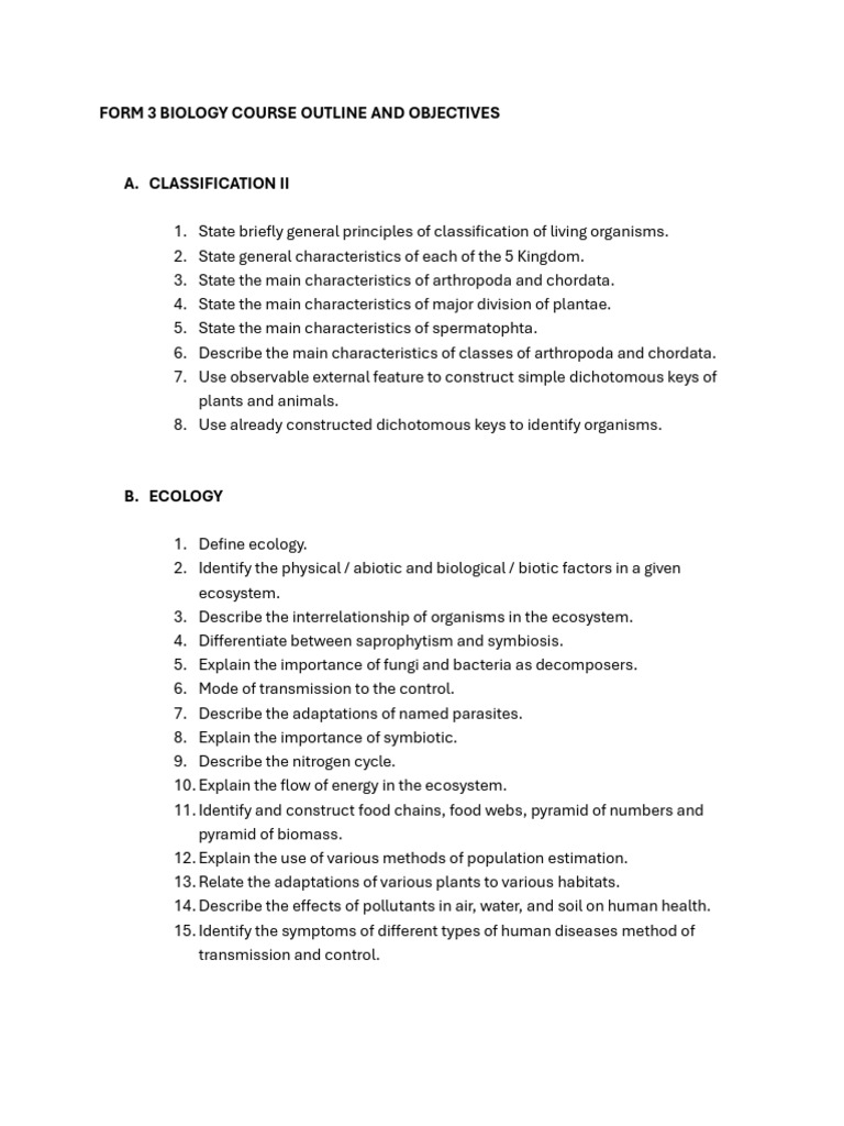 Form 3 Biology Course Outline | PDF | Plants | Reproduction