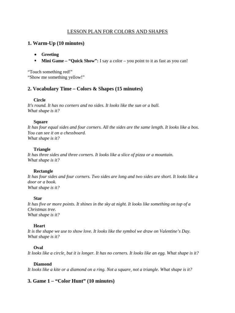 Lesson Plan For Colors and Shapes - Beu | PDF