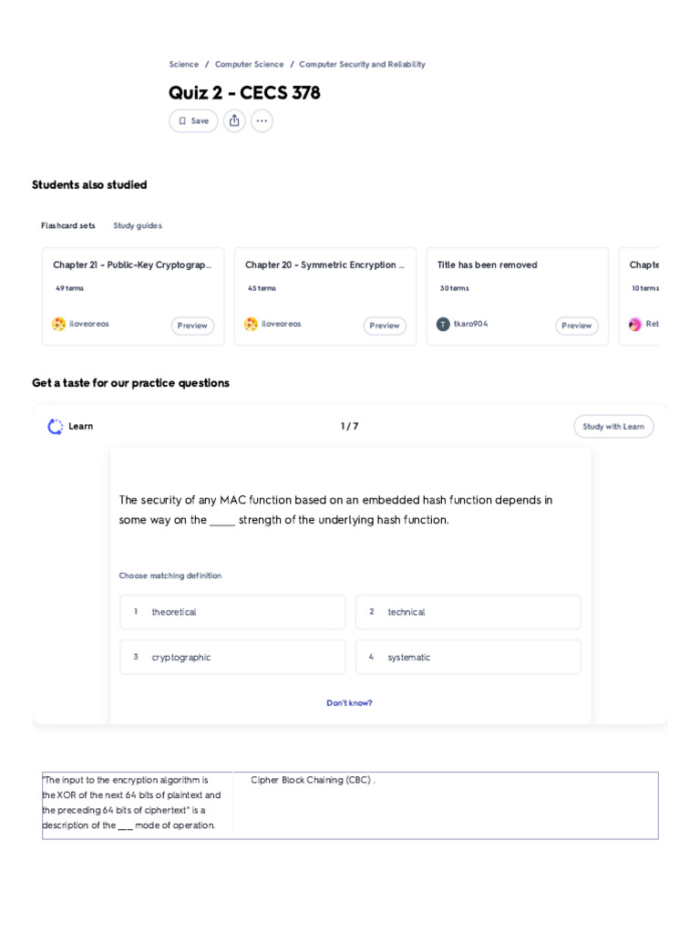 Quiz 2 - CECS 378 Flashcards - Quizlet | PDF | Encryption | Key ...