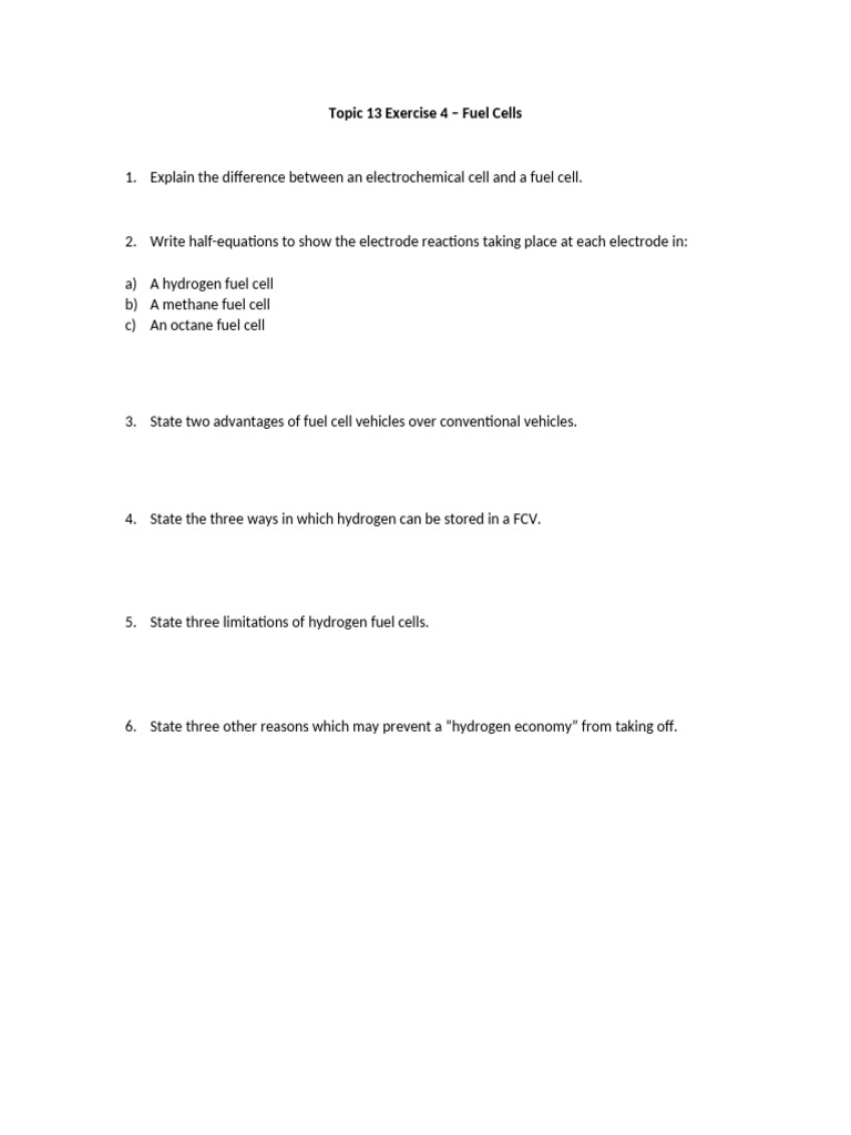 Topic 13 Exercise 4 - Fuel Cells | PDF