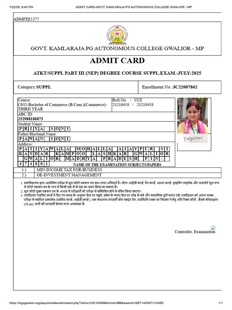 Admit Card-Govt. Kamlaraja PG Autonomous College Gwalior - MP | PDF